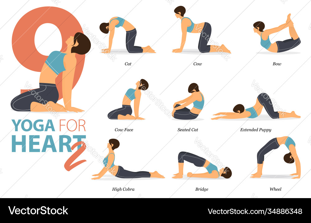 9 yoga poses for heart concept Royalty Free Vector Image