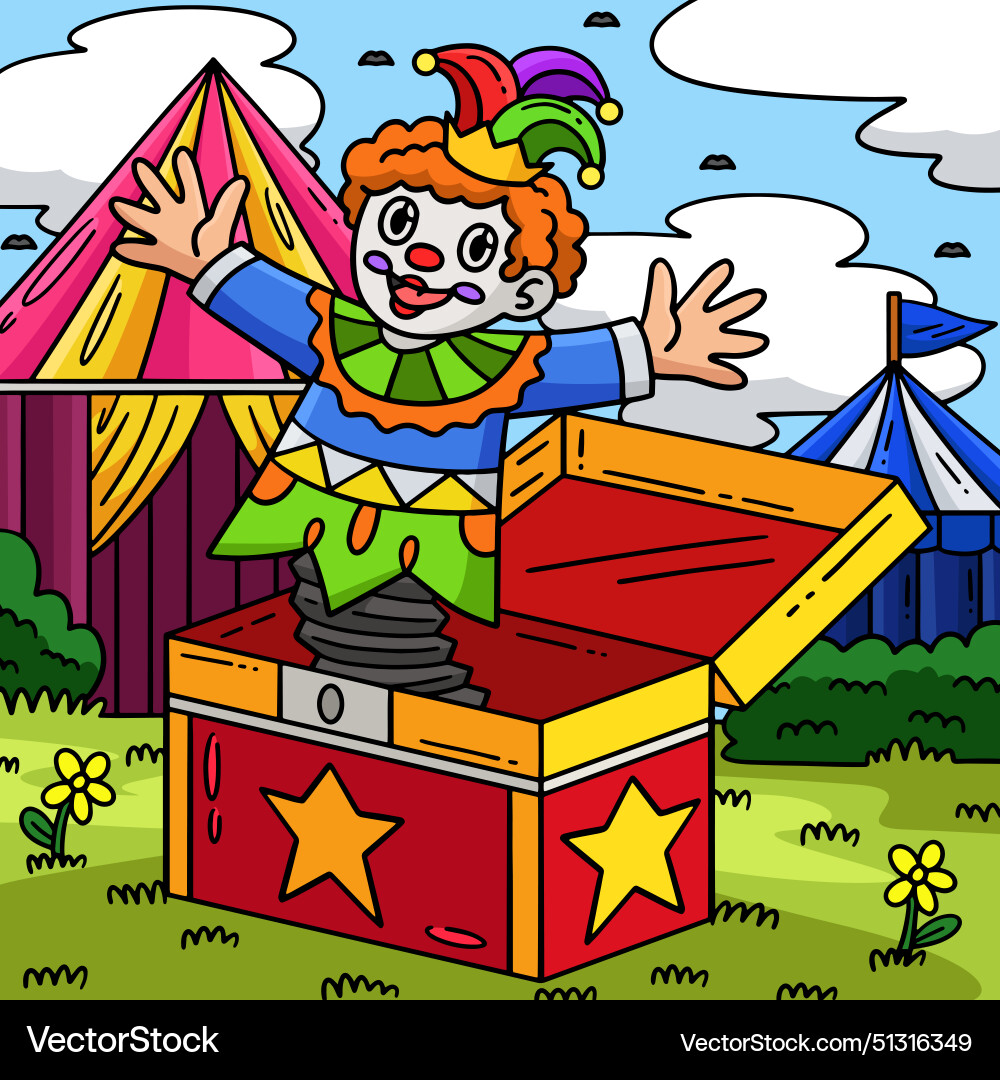Circus clown in a box colored cartoon Royalty Free Vector