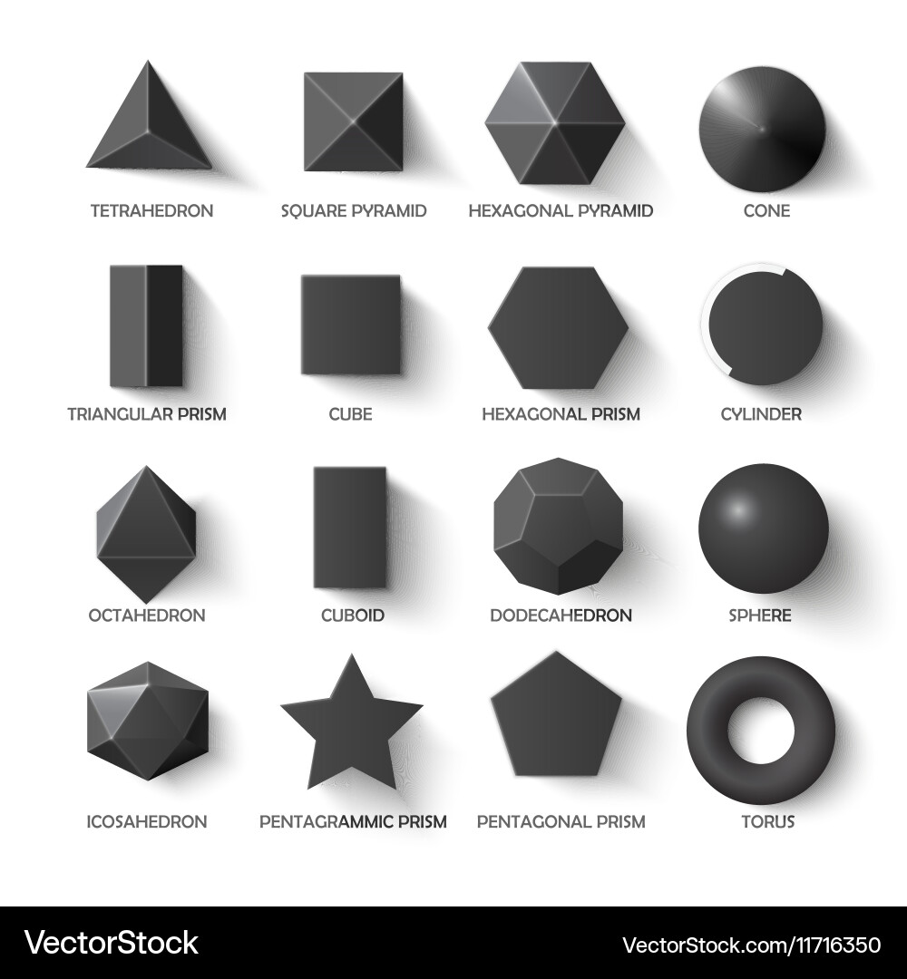 All basic 3d shapes template in dark Royalty Free Vector