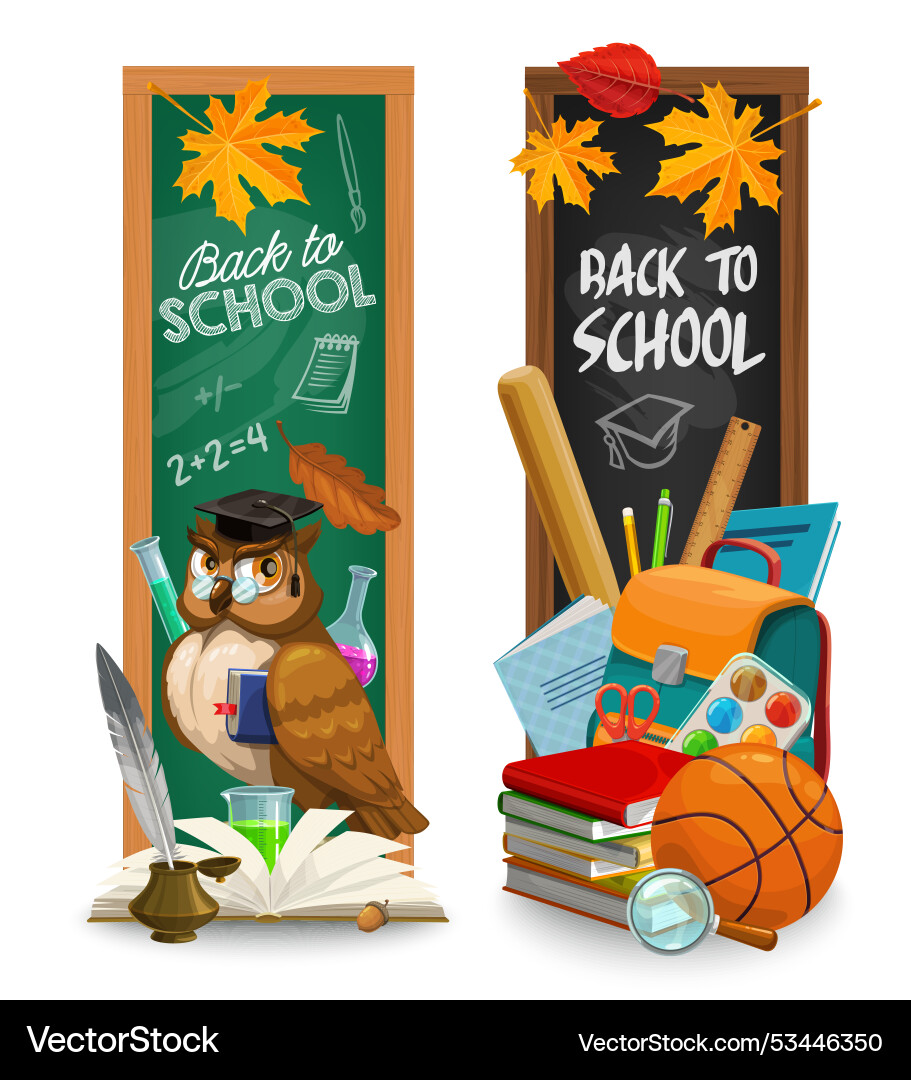 Back to school chalkboard banners stationery owl Vector Image