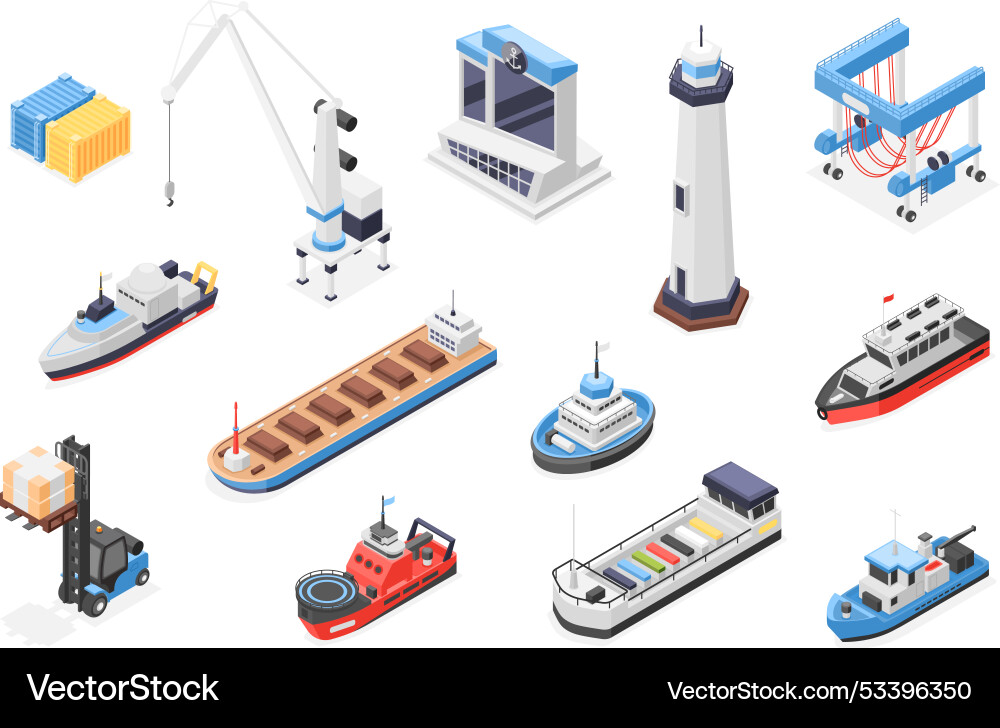 Isometric seaport elements industrial marine port Vector Image