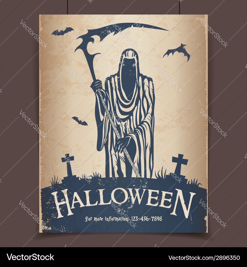 Vintage Halloween Reaper Poster Royalty Free Vector Image