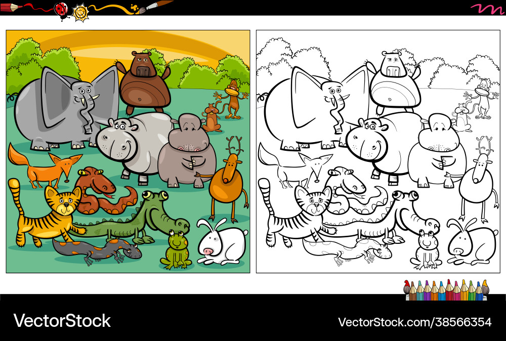 Cartoon wild animals group coloring book page Vector Image