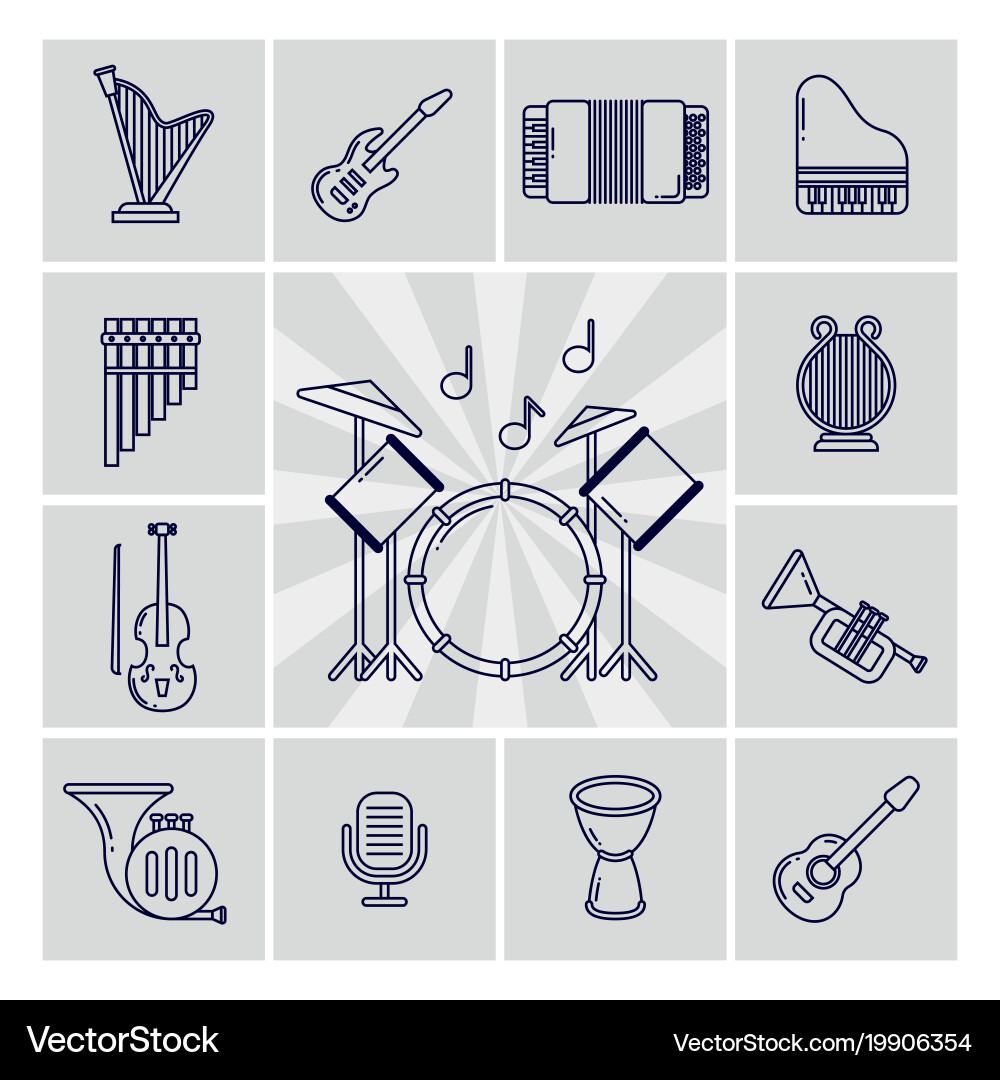 Linear musical instruments icons set Royalty Free Vector