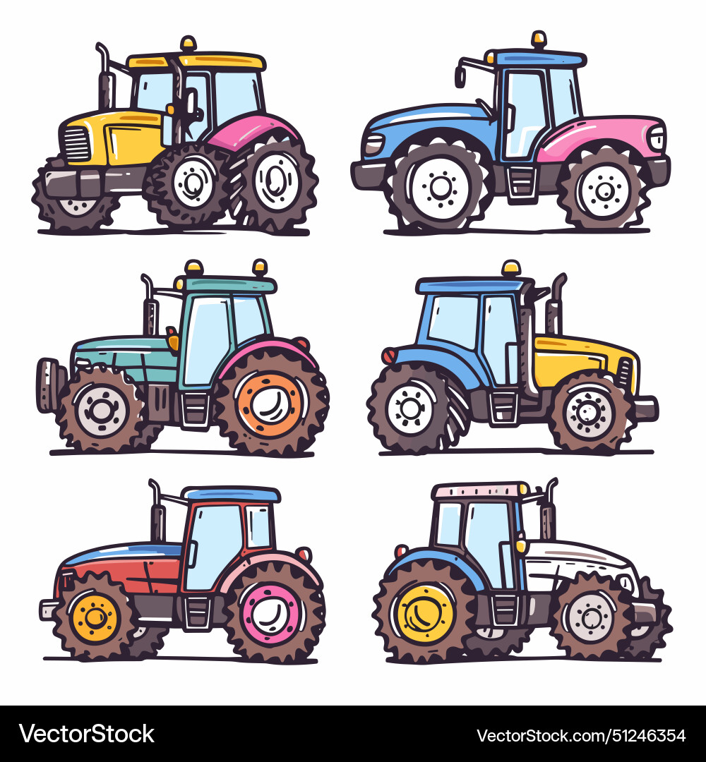 Six colorful tractors various colors Royalty Free Vector