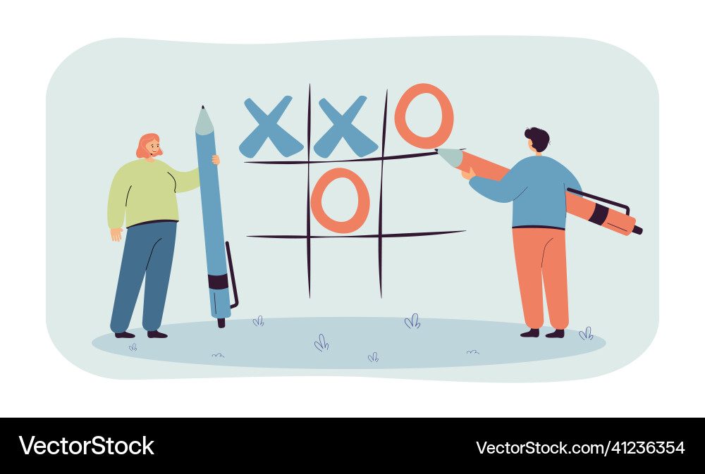 Tiny cartoon man and woman playing game Royalty Free Vector