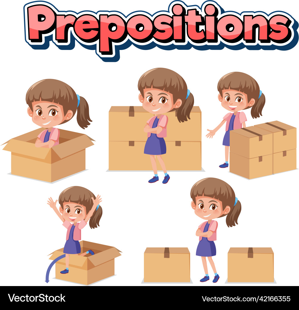 Preposition wordcard with girl and boxes Vector Image