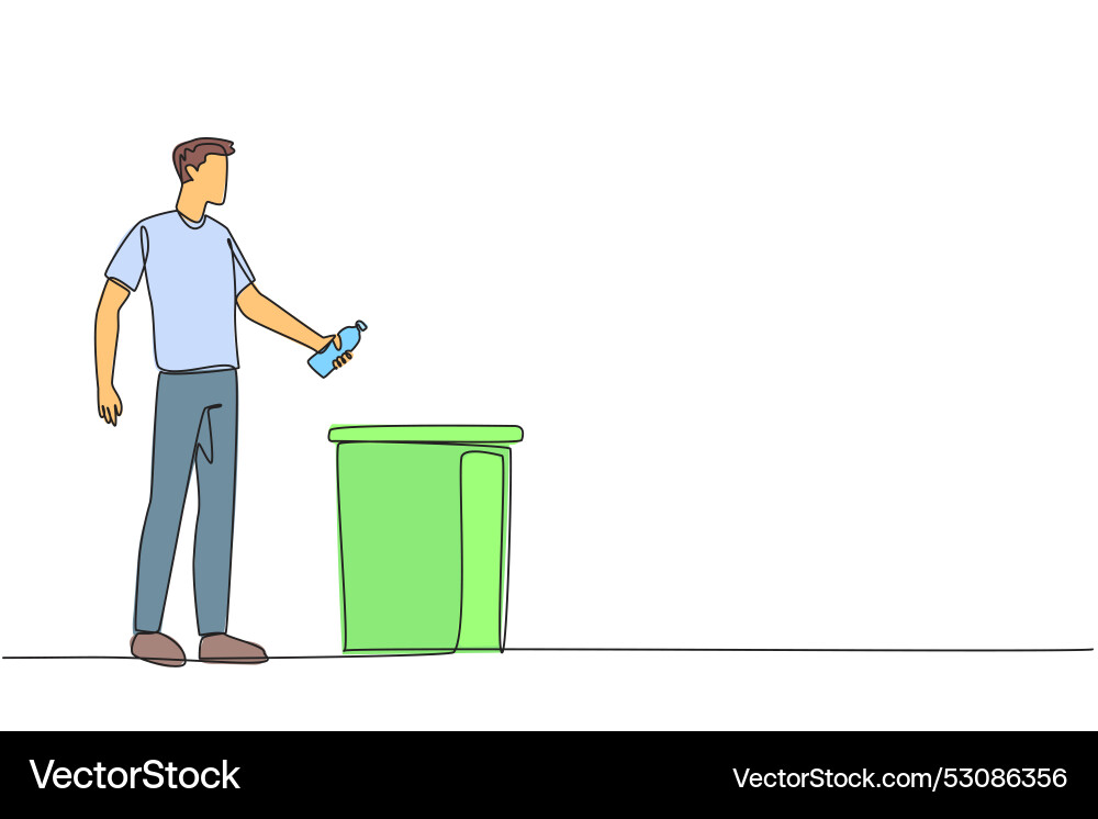 Single one line drawing a man throw used plastic Vector Image