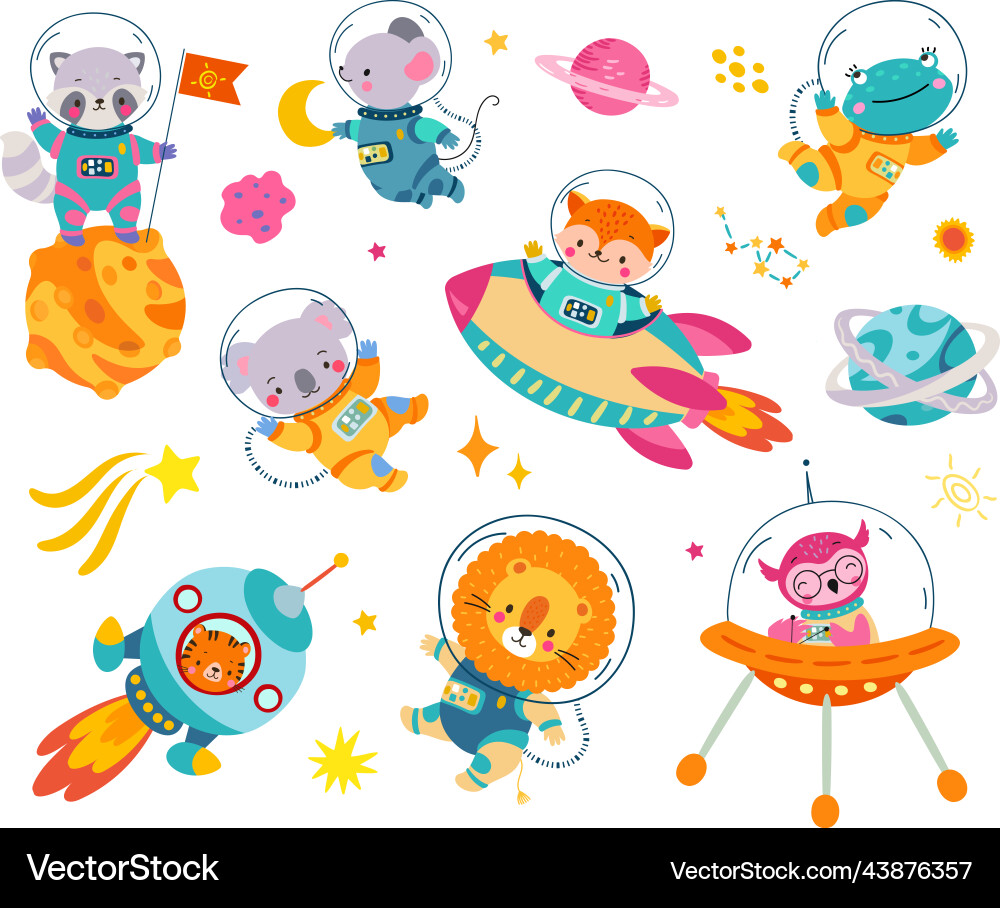 Cute Space Animals in Cosmonaut Suits Royalty Free Vector