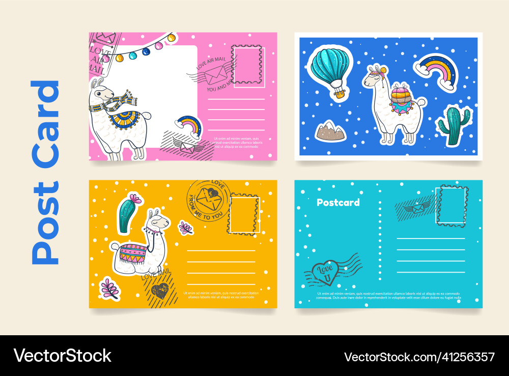 Funny llama realistic postcard template collection