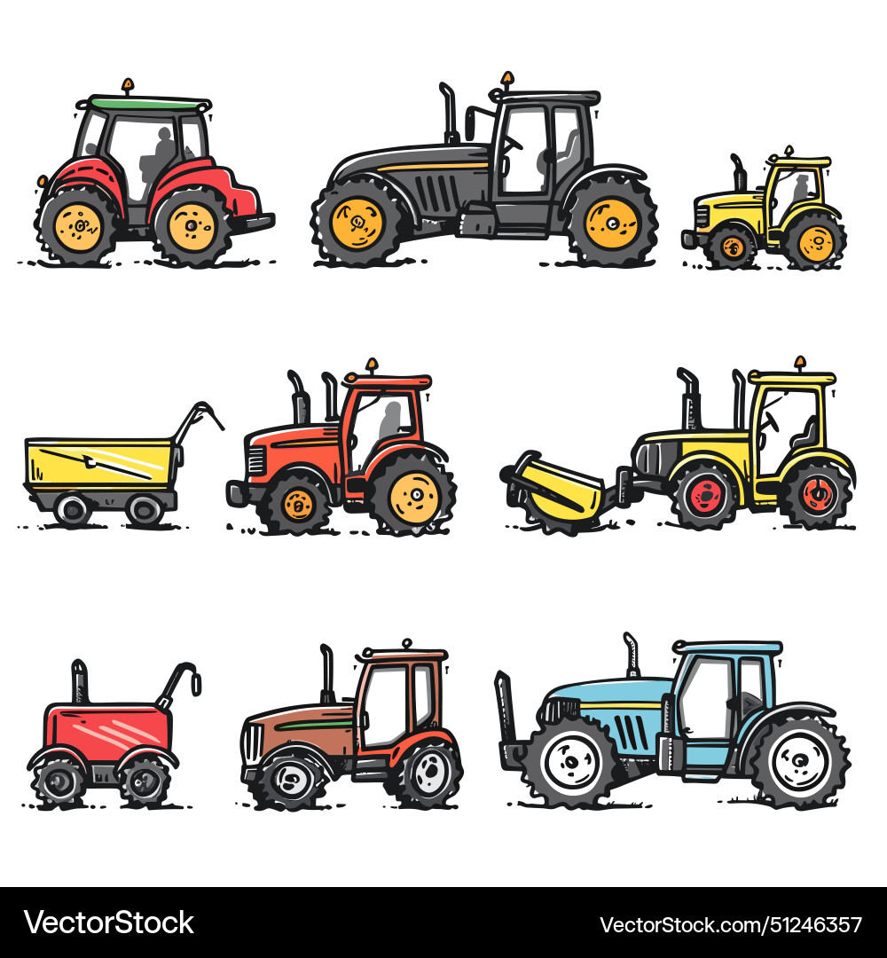 Various colorful tractors trailer cartoon Vector Image