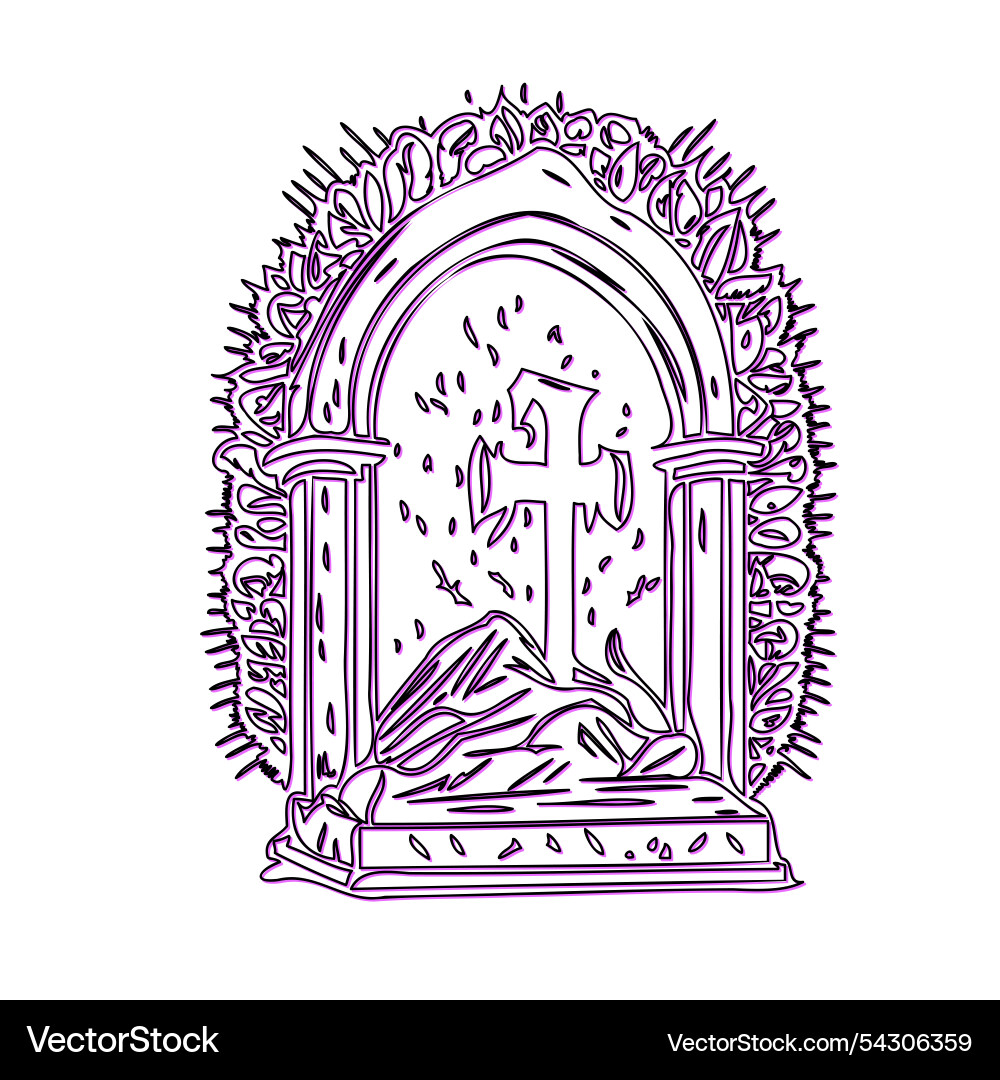 Gothic archway with cross and mountain inside Vector Image