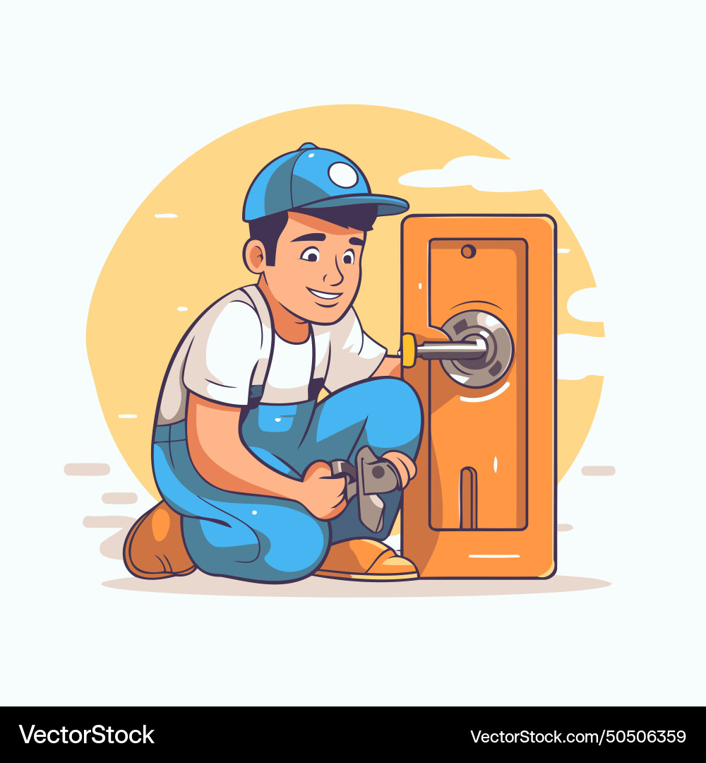 Plumber at work in a flat cartoon style Royalty Free Vector