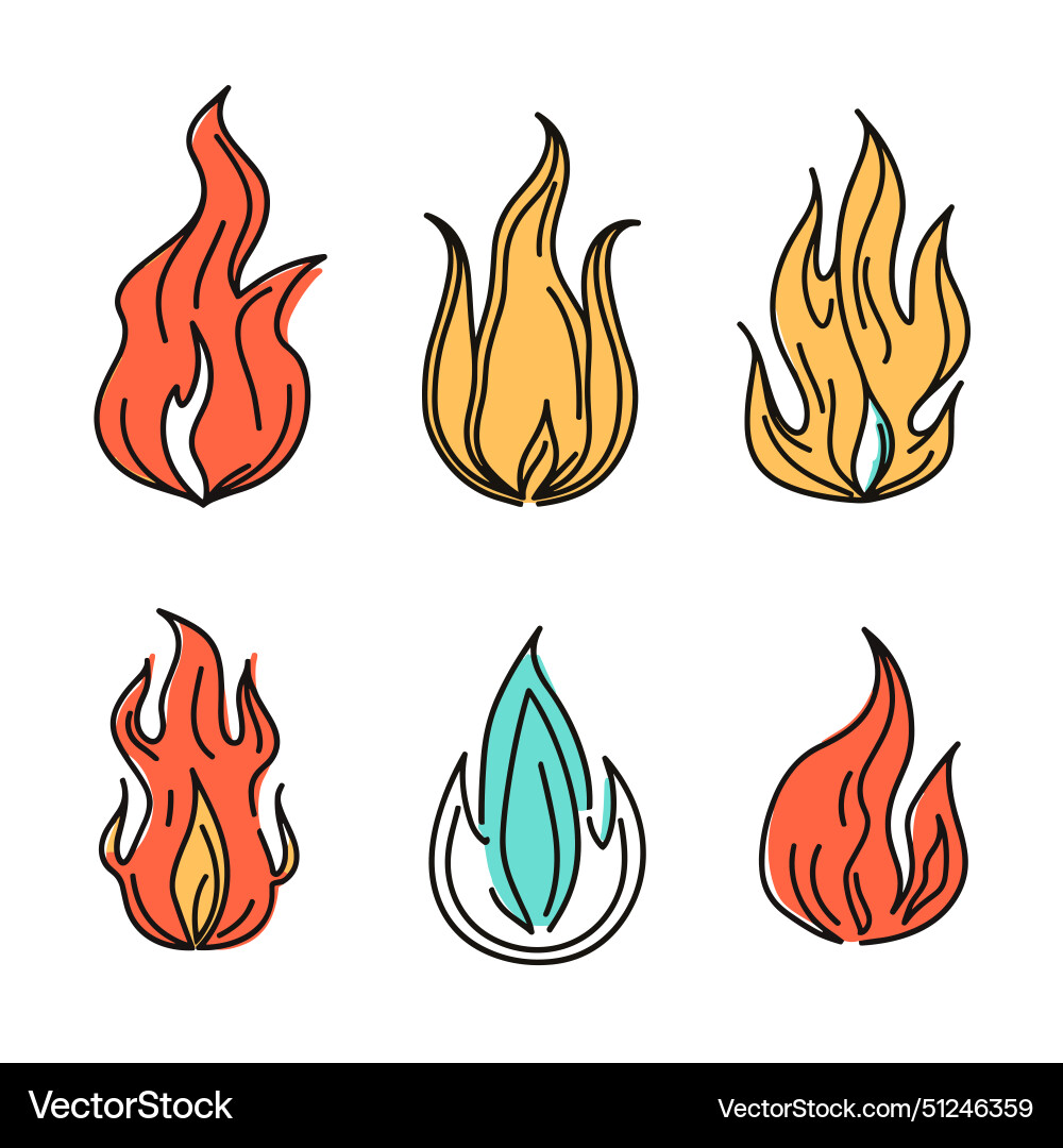 Set six colorful cartoon fire flames designs Vector Image