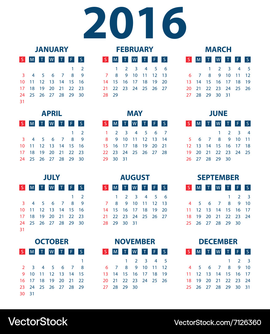 Calendar for the year 2016 Royalty Free Vector Image