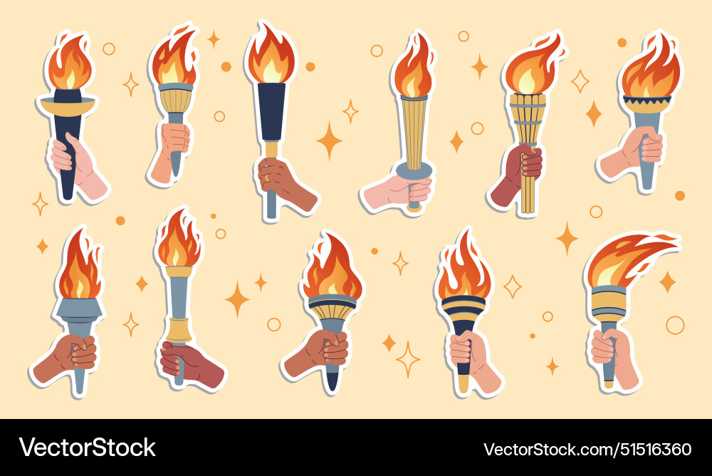 Hand holding a torch stickers set drawn flat Vector Image