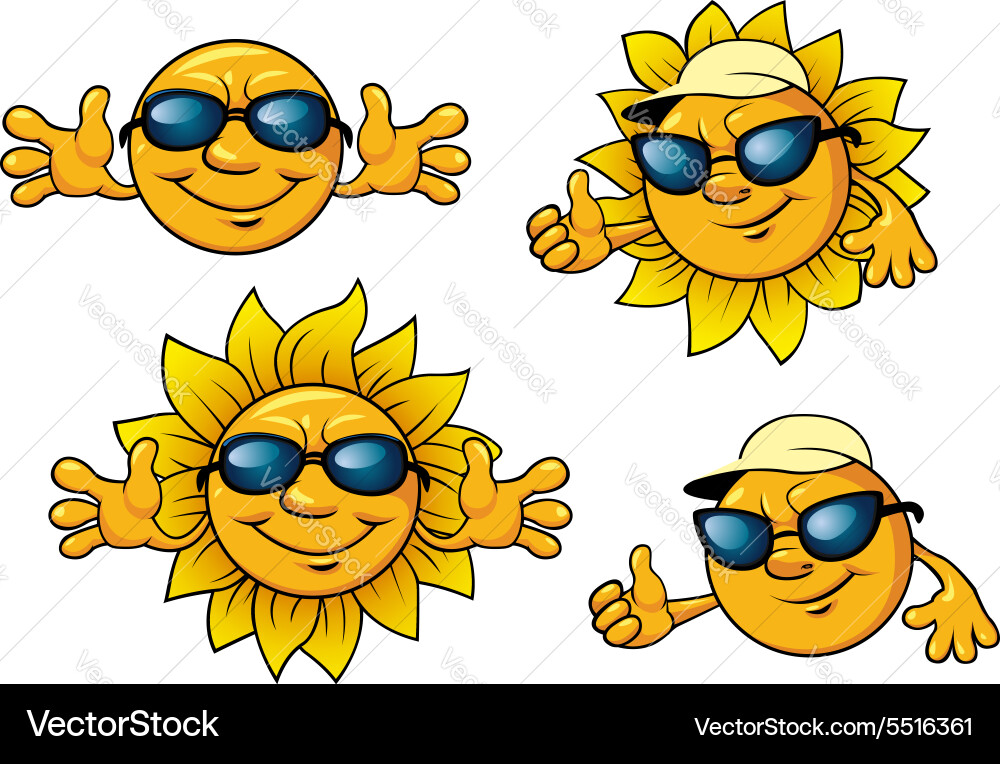 Happy sun characters in sunglasses Royalty Free Vector Image