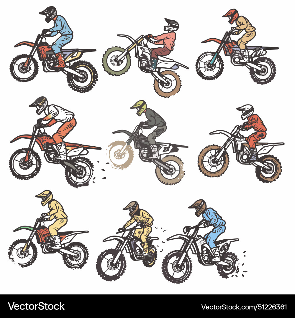 Multiple motorcyclists riding dirt bikes skillful Vector Image