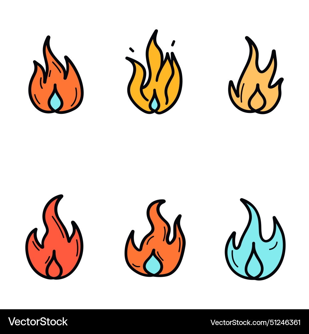 Six cartoon fire flames different shapes colors Vector Image
