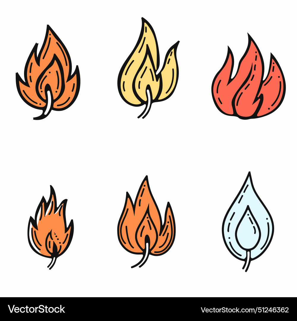 Six cartoonstyle flame icons representing fire Vector Image