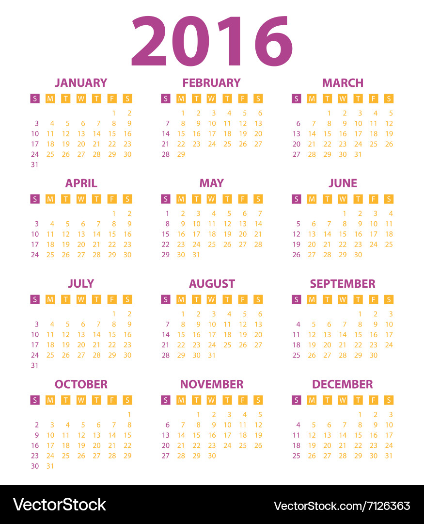 Calendar for the year 2016 Royalty Free Vector Image