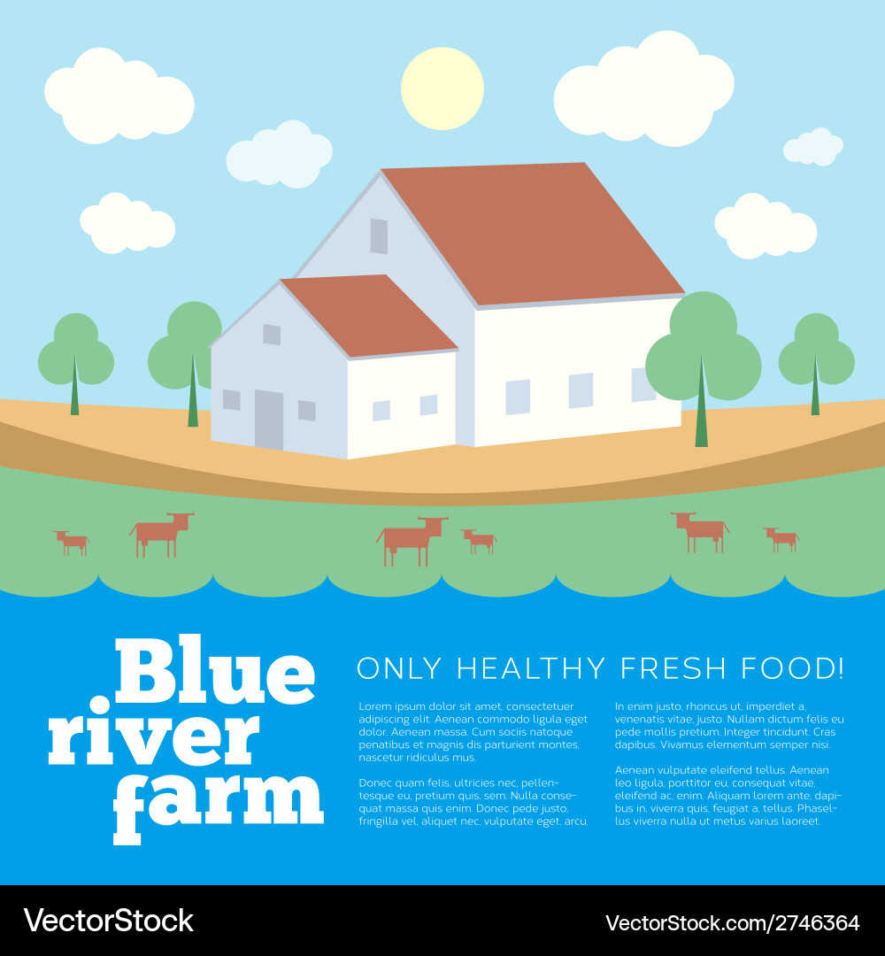 Blue river farm flat style background Royalty Free Vector