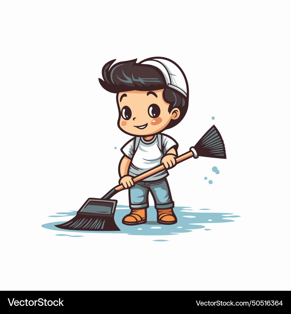 Cute boy sweeping the floor with a broom Vector Image