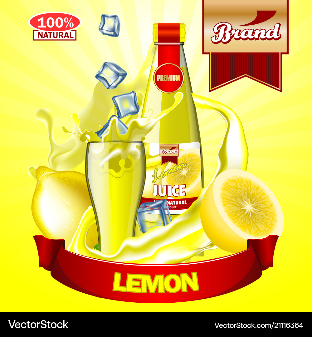 Juice lemon ads with logo and label realistic Vector Image