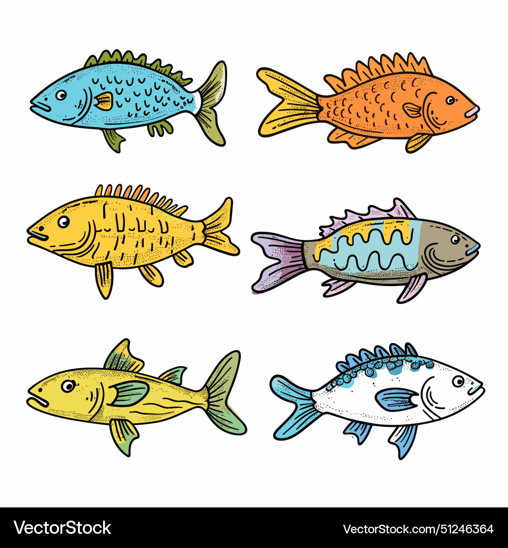 Six colorful fish detailed scales Royalty Free Vector Image