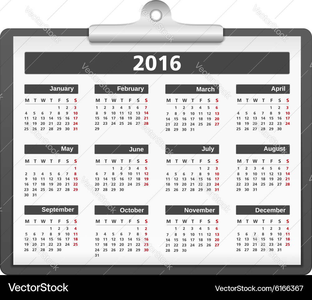 2016 calendar Royalty Free Vector Image - VectorStock