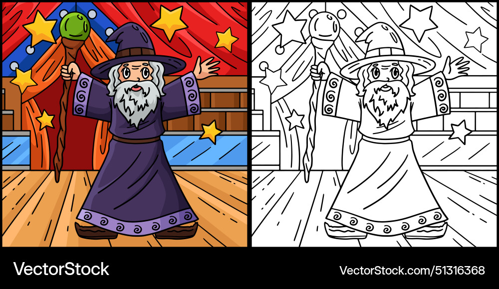 Circus wizard spreading stars colored Royalty Free Vector
