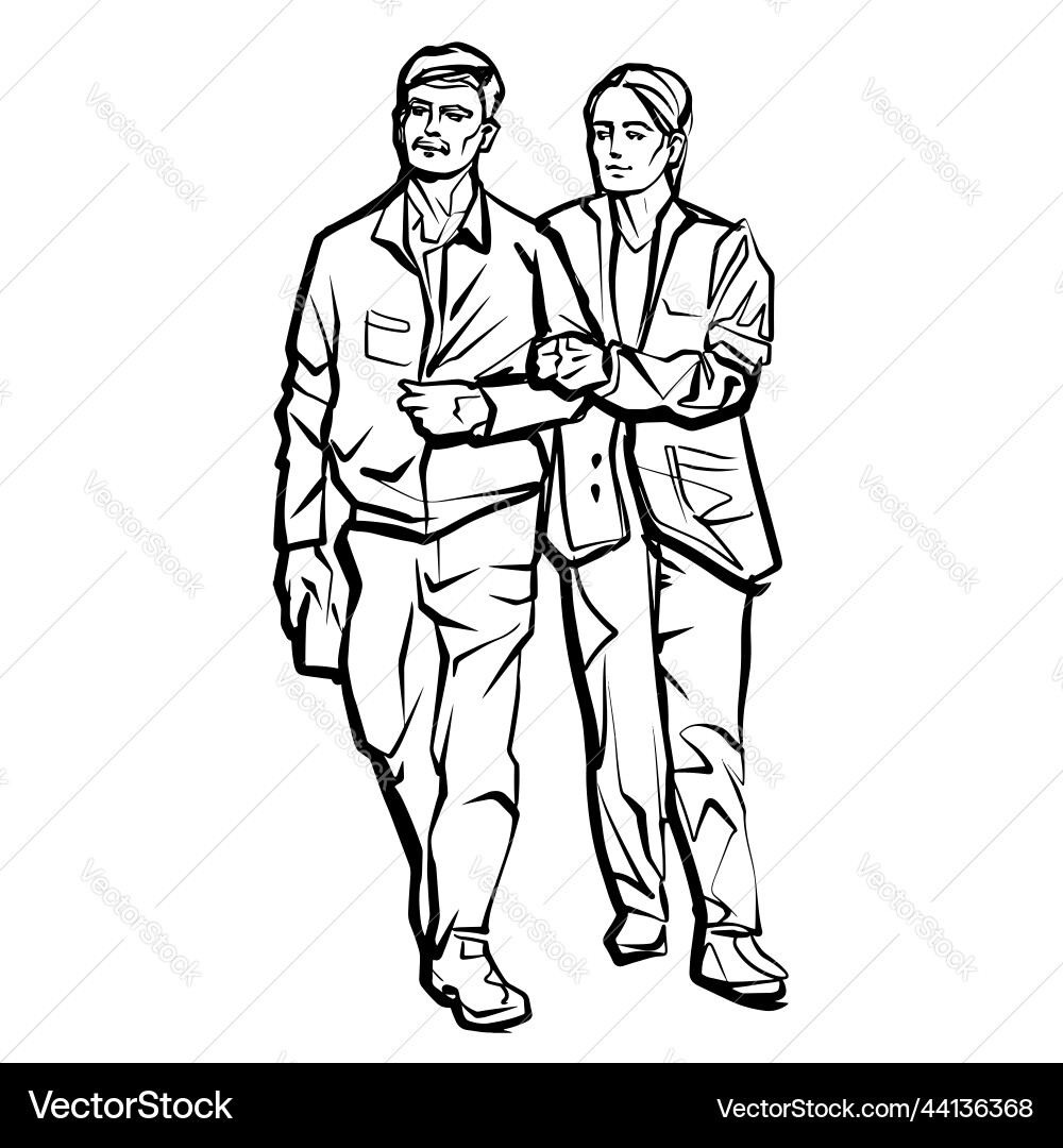 Happy couple hugging and walking ink drawing Vector Image
