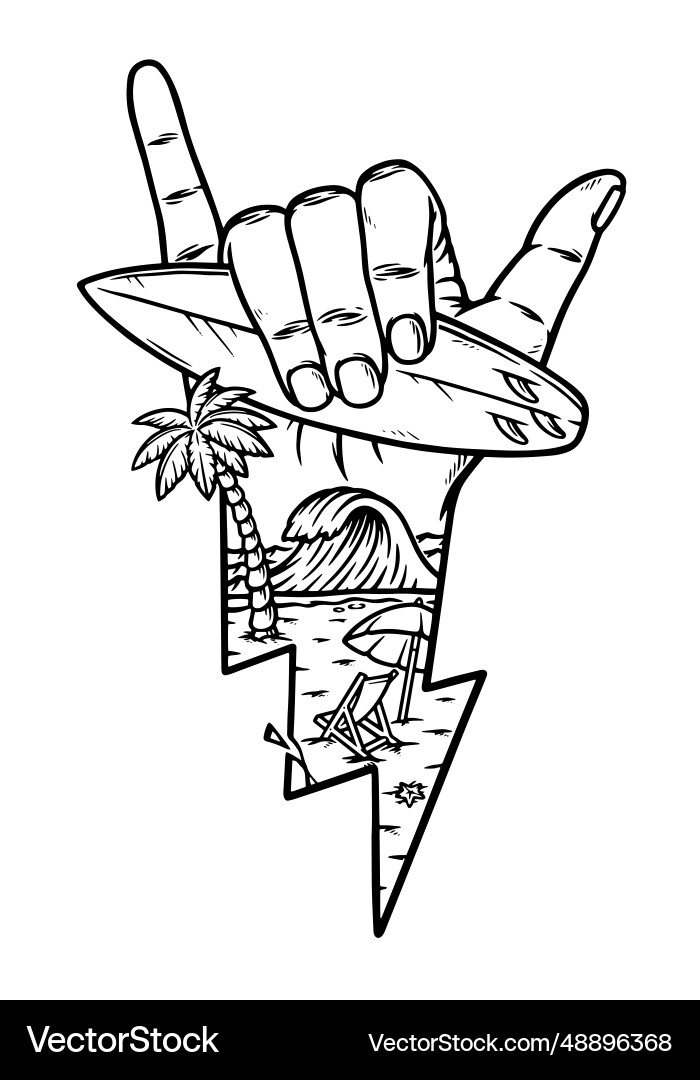 Shaka hand and beach view Royalty Free Vector Image