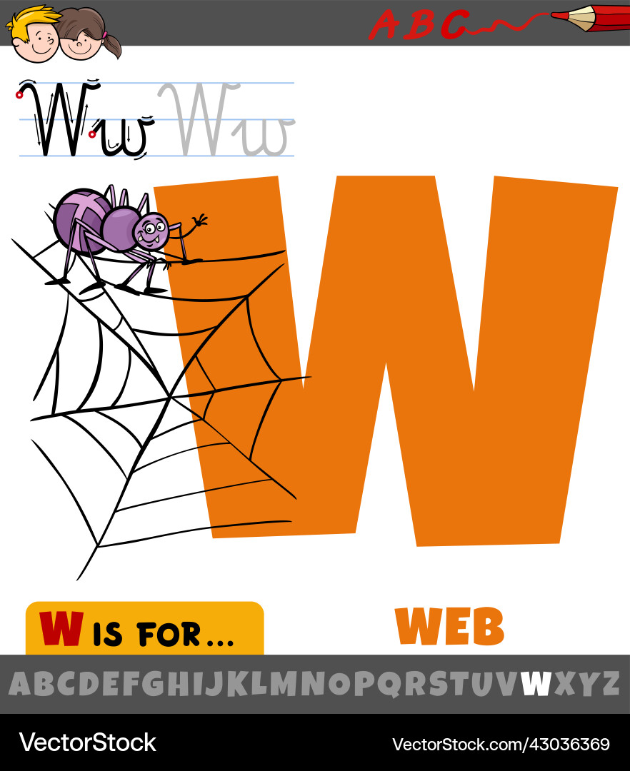 Letter w from alphabet with cartoon web Royalty Free Vector