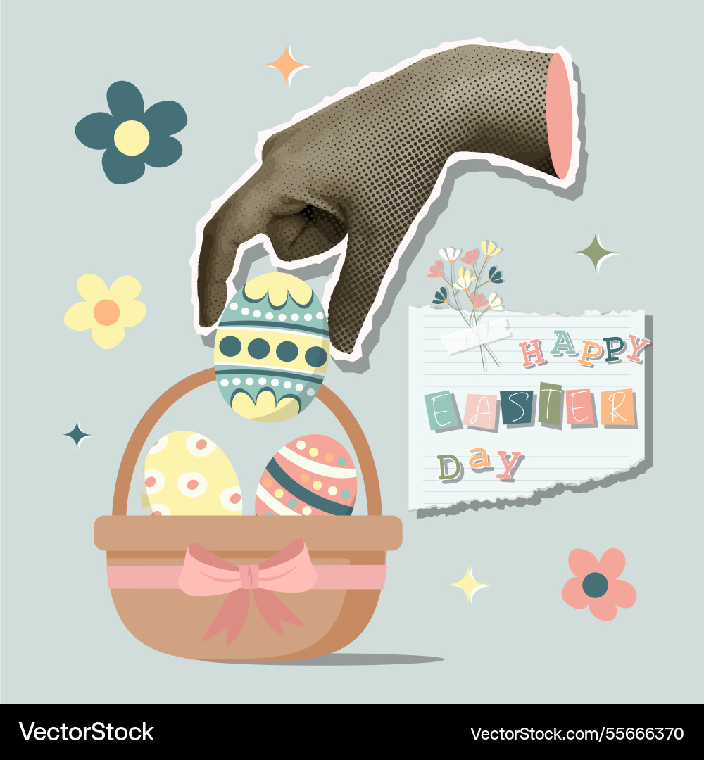 Easter basket collage with hand placing eggs Vector Image
