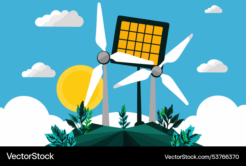 Green transition solar panel and windmills icon Vector Image