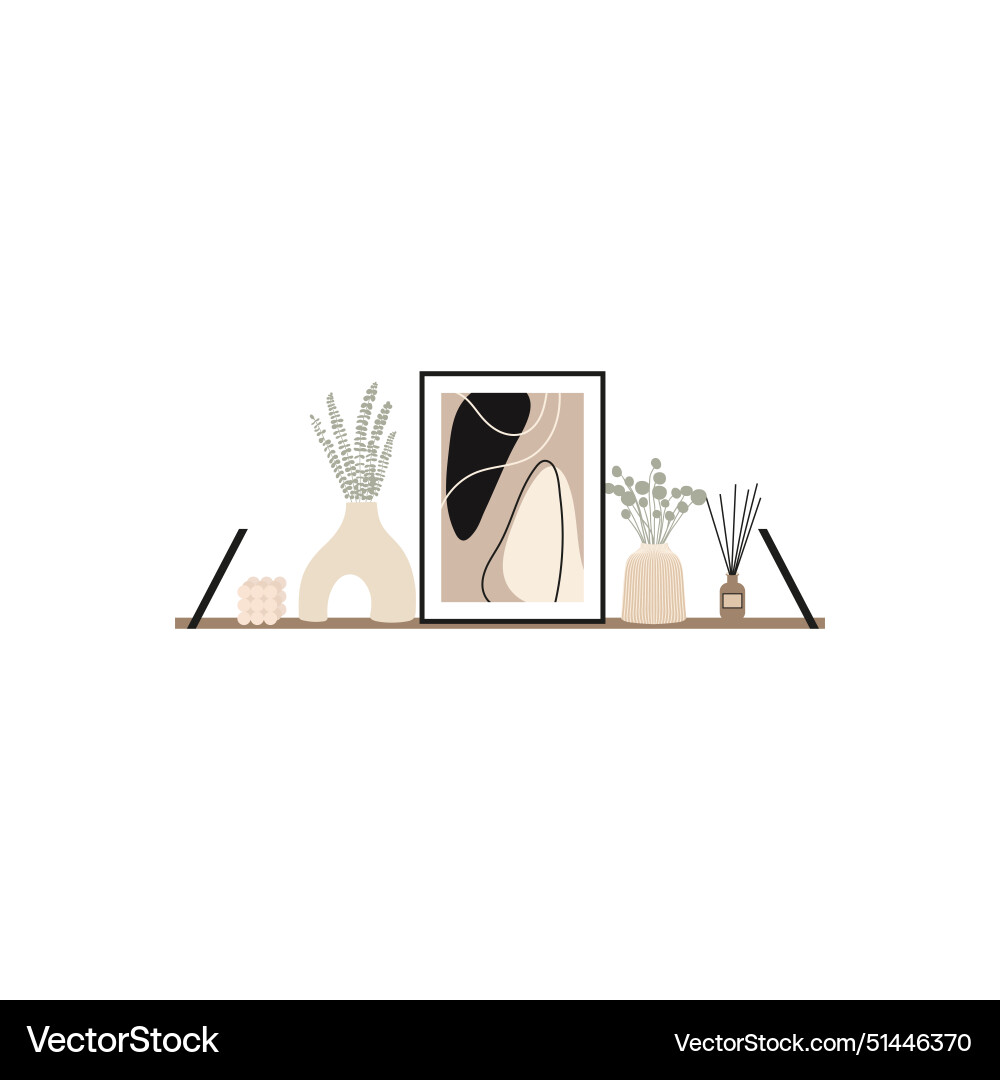 Shelves with cozy interior decorations framed Vector Image