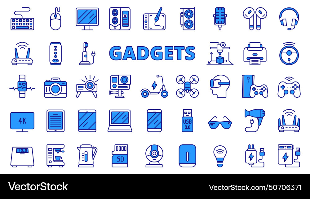 Gadgets icons in line design blue pc gaming Vector Image