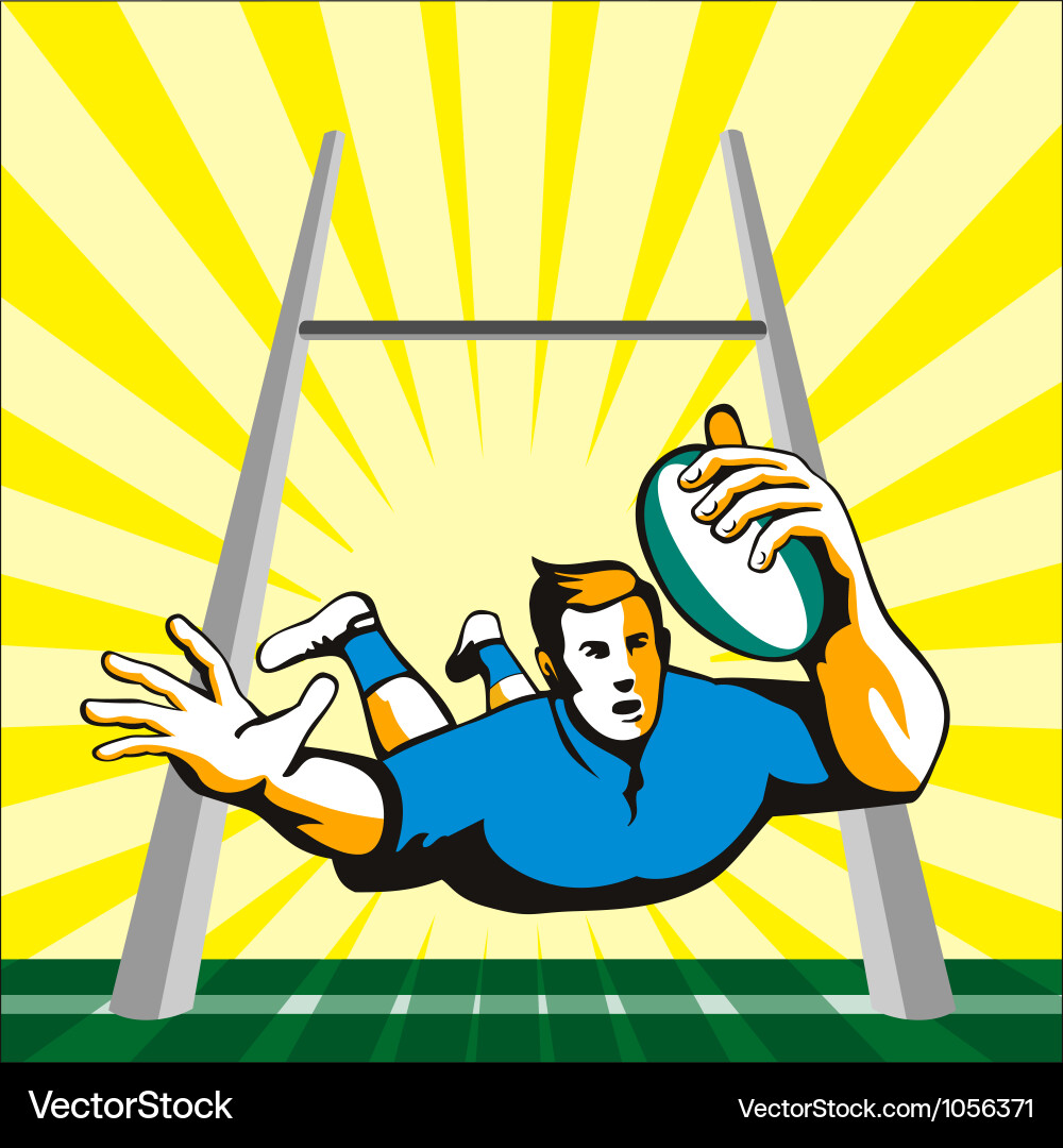 Rugby player scoring try retro Royalty Free Vector Image