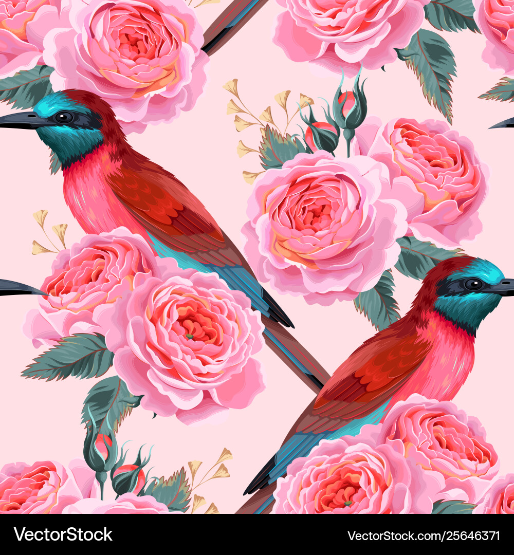 Seamless pattern with birds and roses Royalty Free Vector