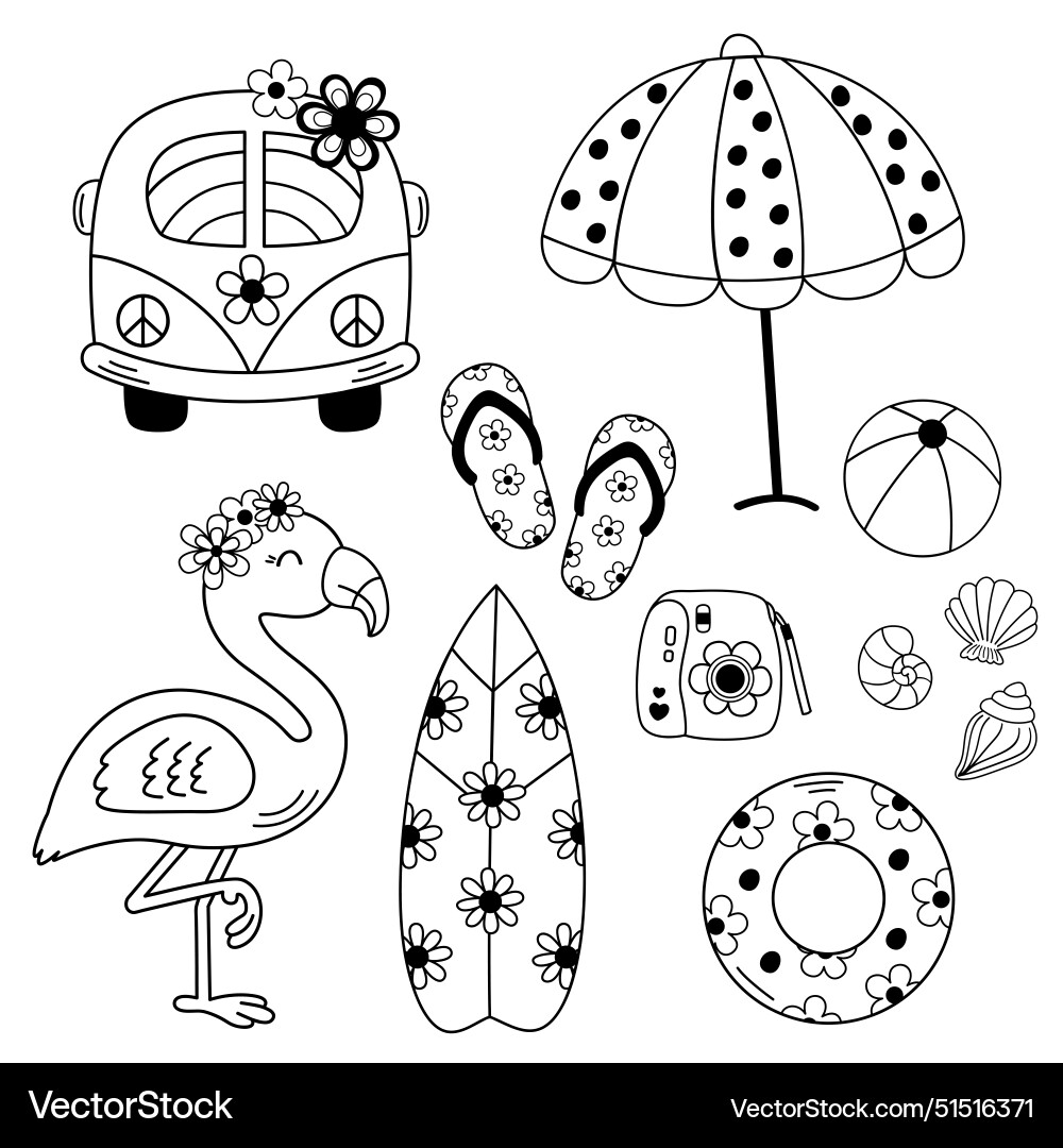 Set of isolated black and white summer elements Vector Image