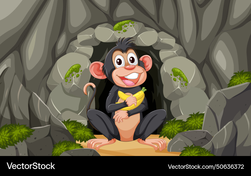 A happy monkey sitting inside stone cave Vector Image