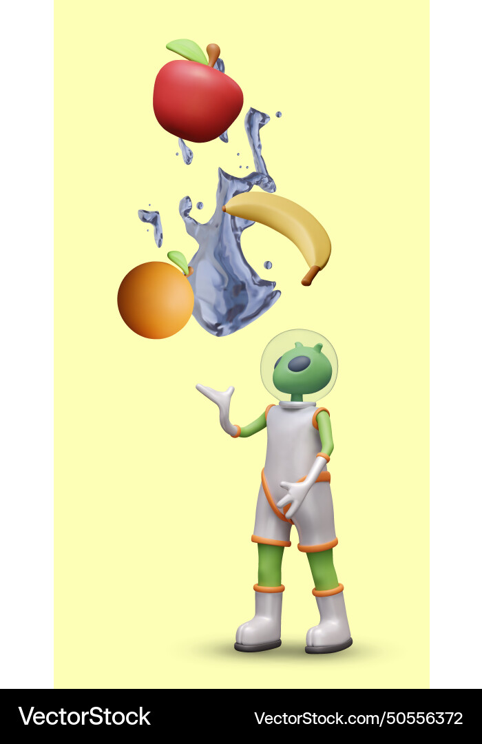 Green alien in spacesuit throws fruit up Vector Image