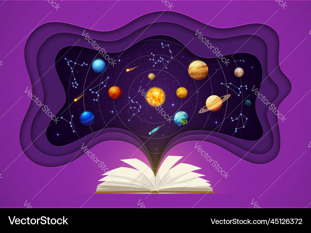 Space paper cut with book solar system planets Vector Image