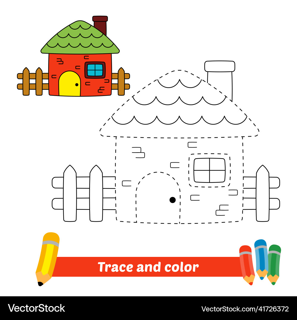 Trace and color for kids house Royalty Free Vector Image