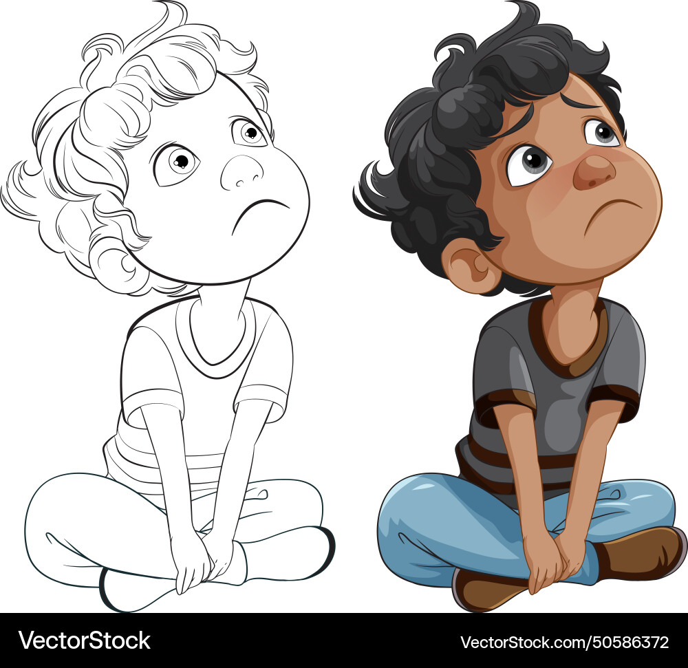 Two cartoon kids sitting looking thoughtful Vector Image