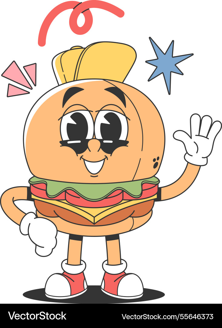 Retro burger comic character doodle Royalty Free Vector