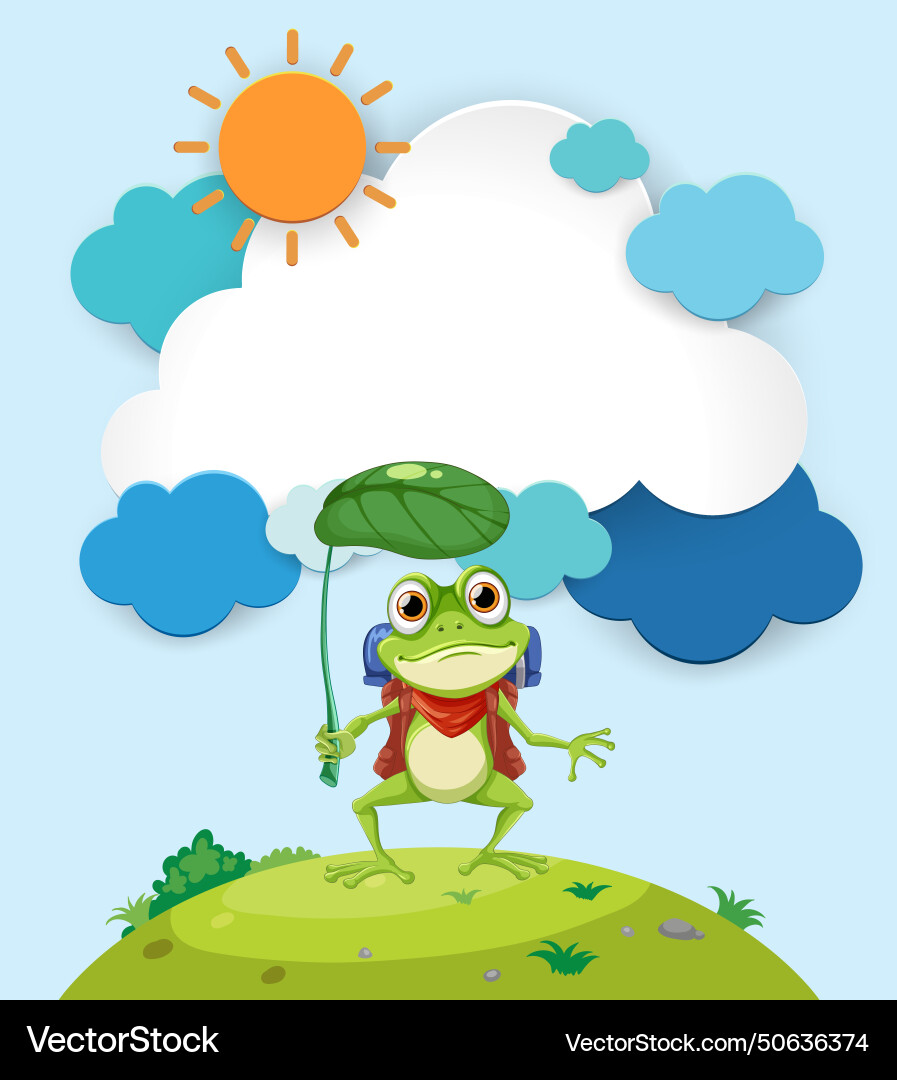 Cheerful frog using a leaf as an umbrella Vector Image