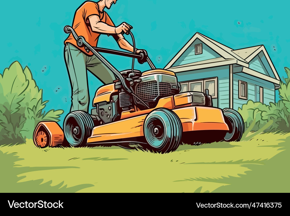 Man Mowing Lawn - Professional Landscape Vector Image