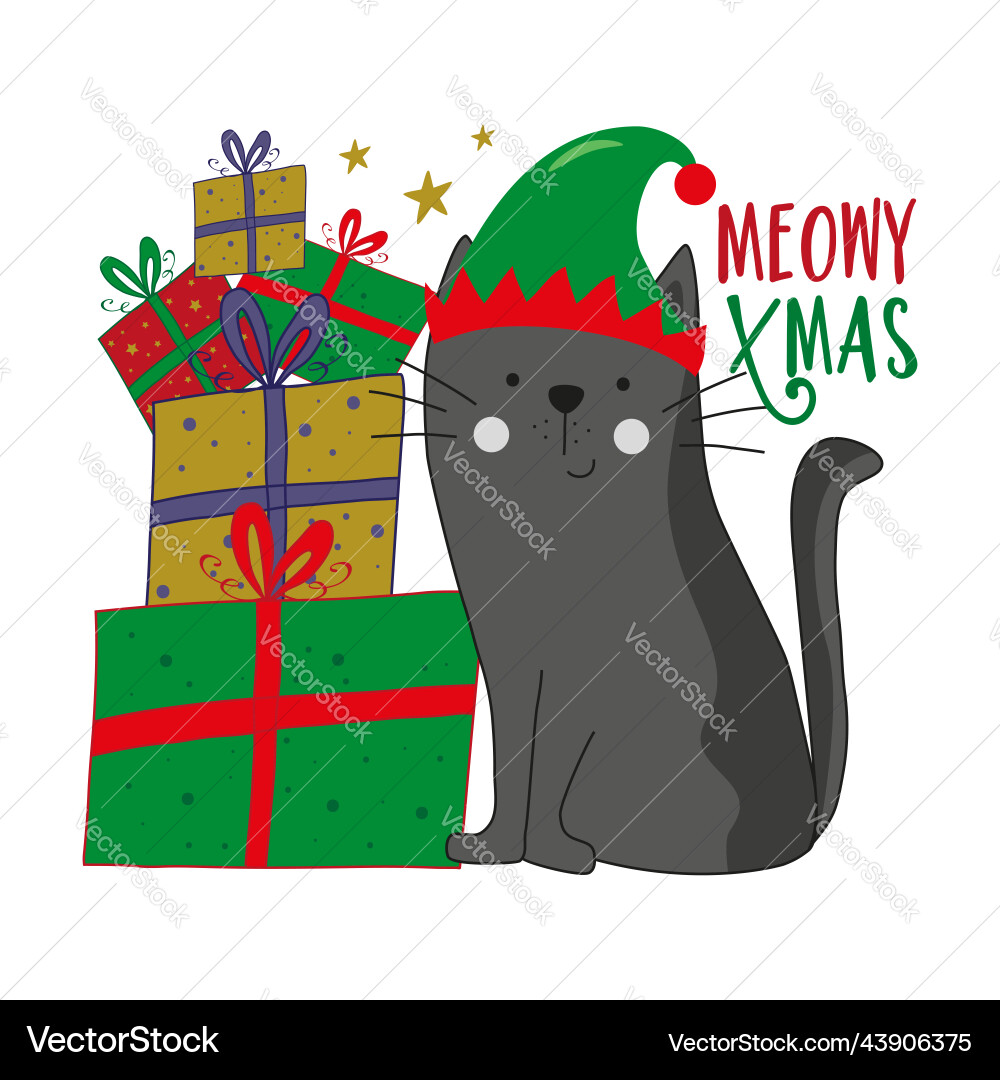 Meowy Christmas Funny Greeting With Cute Cat Vector Image